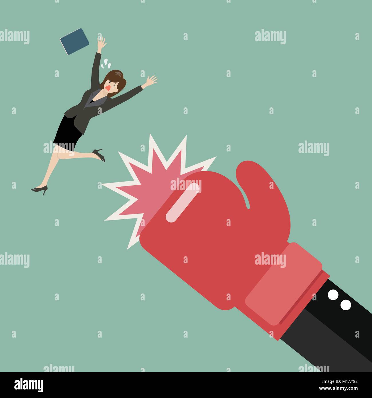 Business woman punched by her boss big hand. Vector illustration Stock ...