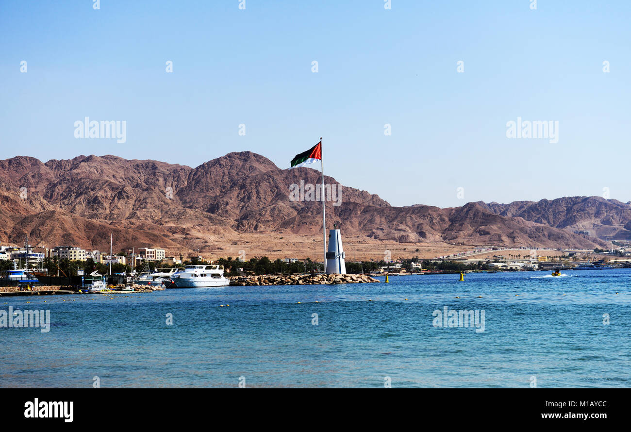 The Arab revolt flagpole is a major landmark in Aqaba, Jordan Stock ...