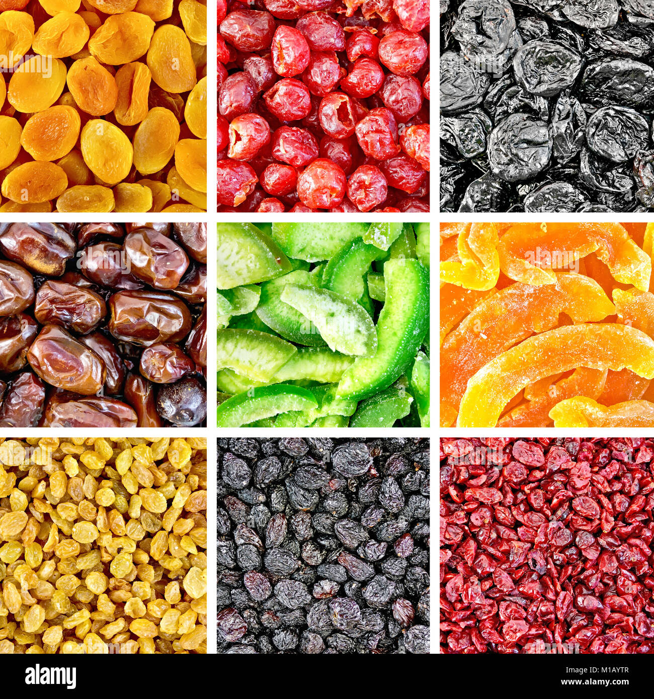 Set of textures of dried fruits and berries of apricot, cherry, prune ...