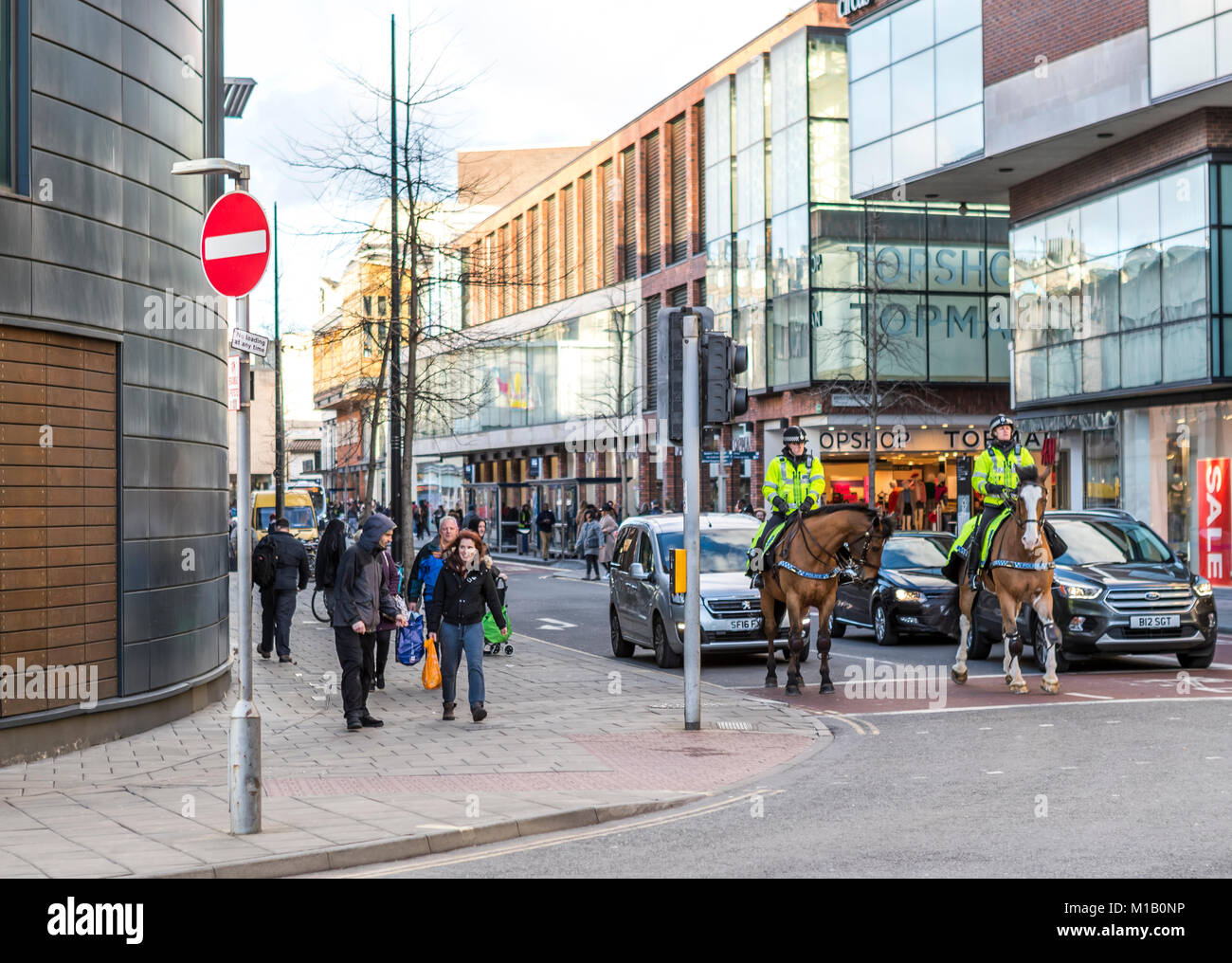 Bristol, UK: Avon & Somerset Police Mounted section patrol, city center ...