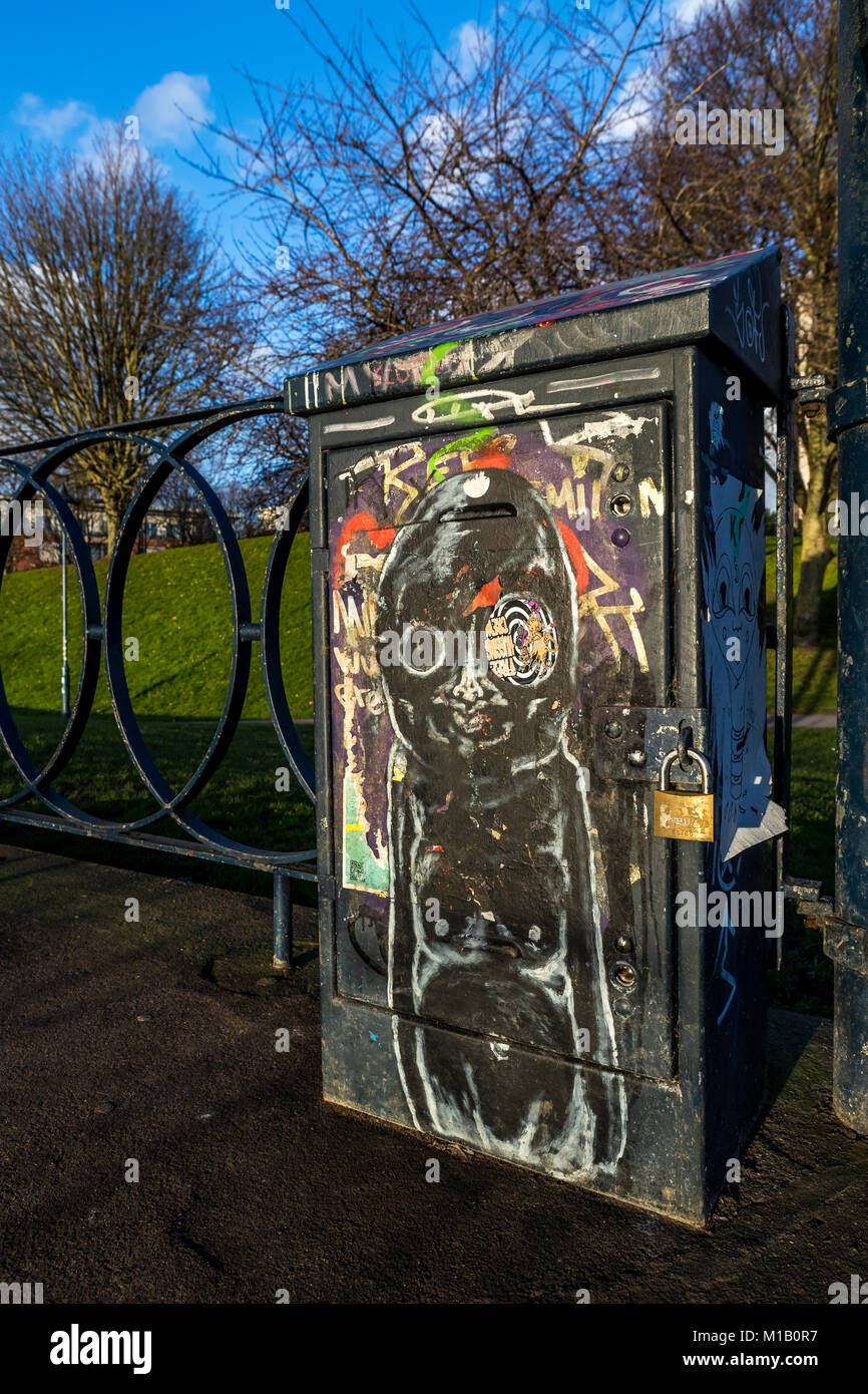 Graffiti on a metal box in the bandstand of Bristol Park, Bristol, UK ...