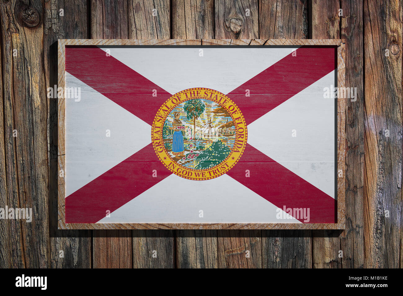 3d rendering of a Florida State USA flag on a wooden frame and a wood ...