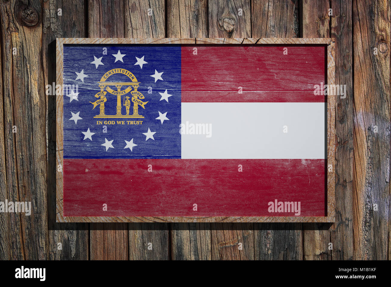 3d rendering of a Georgia State USA flag on a wooden frame and a wood ...
