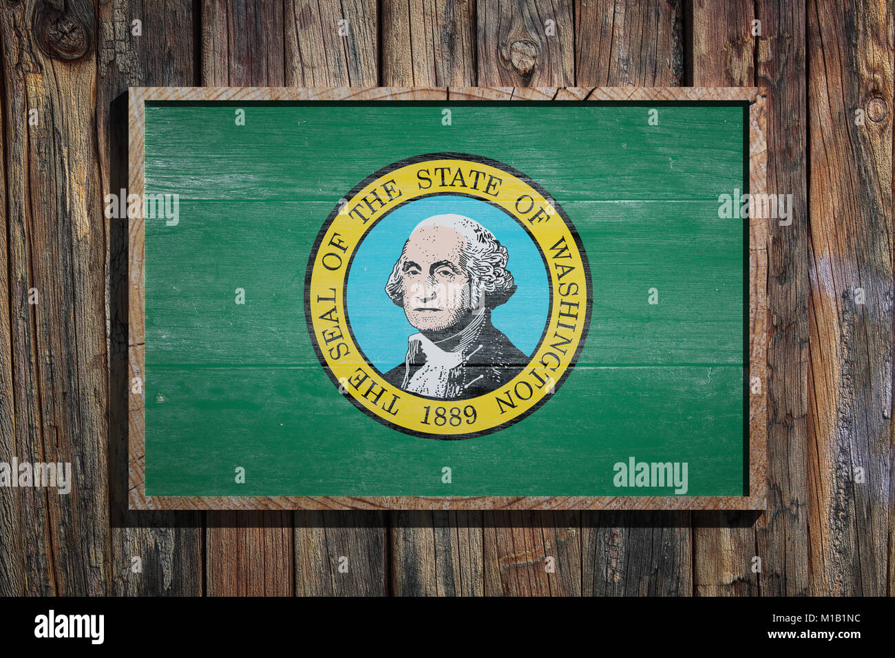 3d rendering of a Washington State USA flag on a wooden frame and a ...