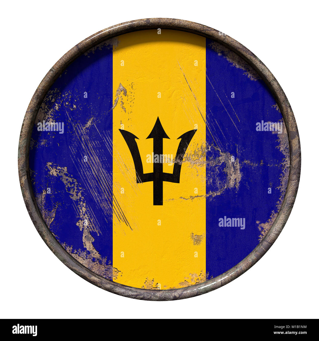 3d rendering of a Barbados flag over a rusty metallic plate. Isolated ...