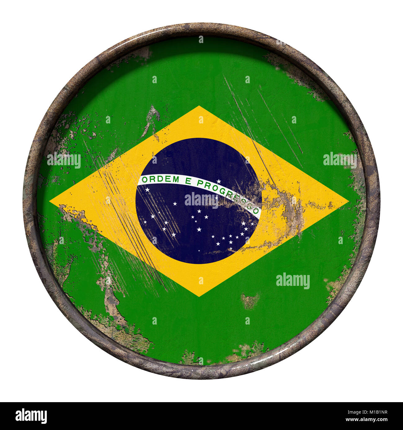 3d rendering of a Brazil flag over a rusty metallic plate. Isolated on ...