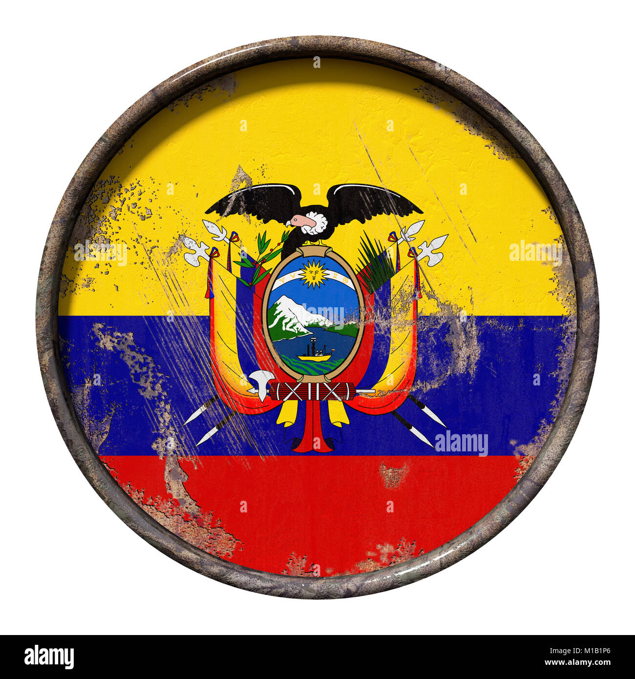 3d rendering of a Republic of Ecuador flag over a rusty metallic plate ...