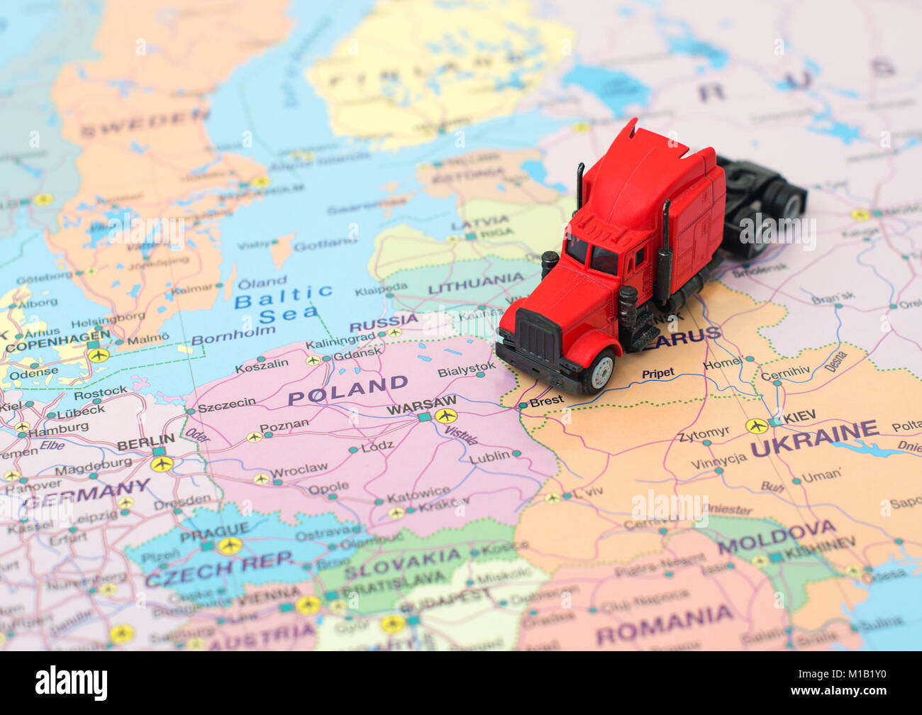 Concept of cargo transportation. The truck is on the map in Belarus ...
