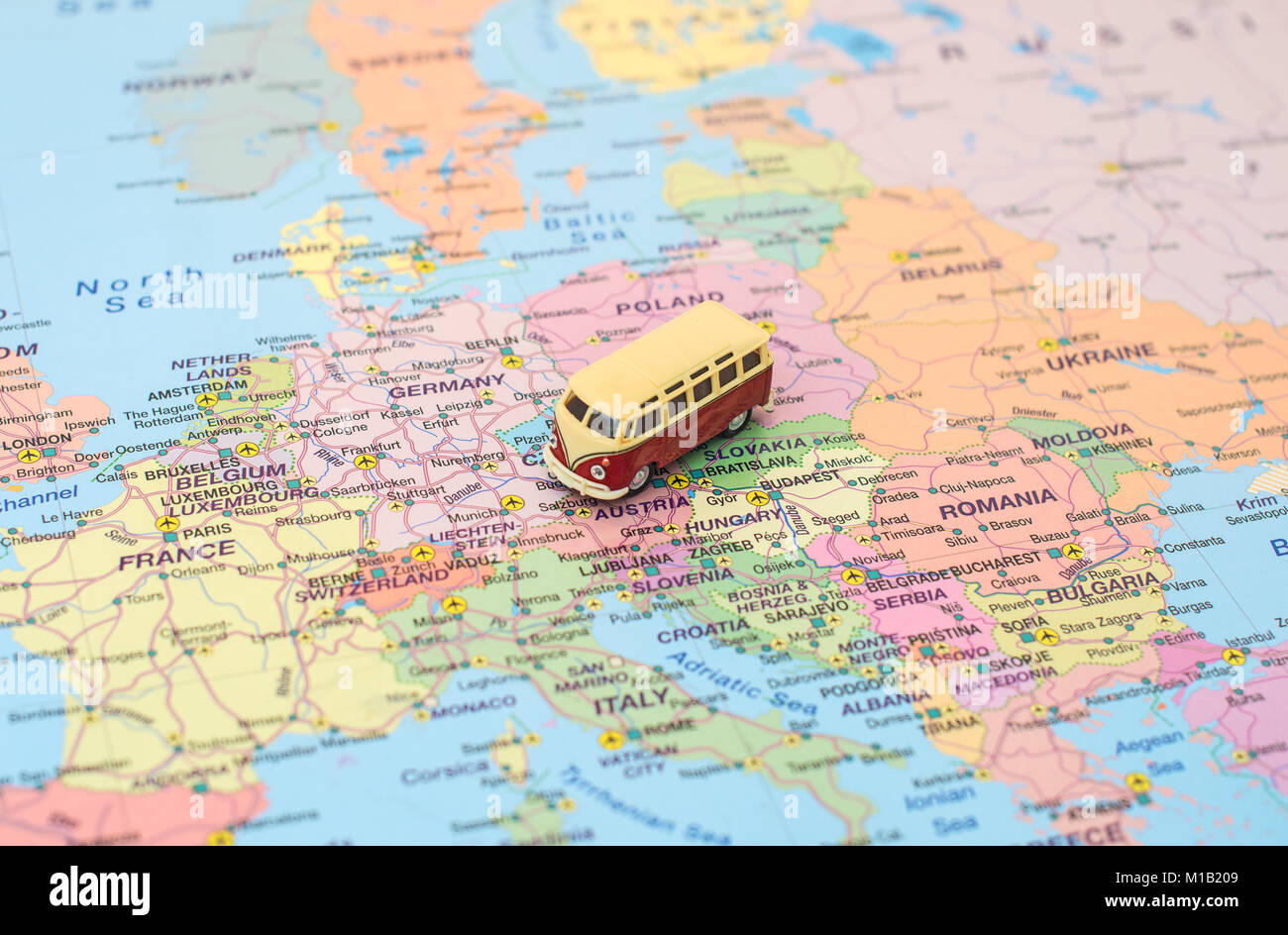 Concept of Europe car trip. Car is on the map in Czech Republic Stock ...