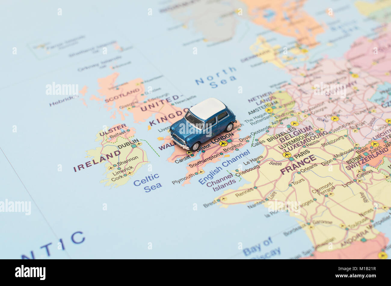 Concept of Europe car trip. Car is on the map in Great Britain Stock ...