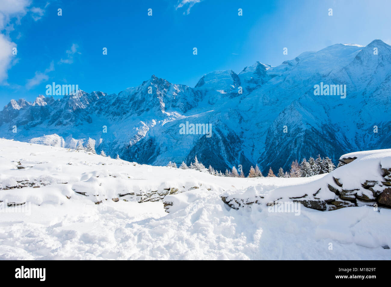 Winter landscape of Mont Blanc from chalets de Chailloux, Chamonix ...