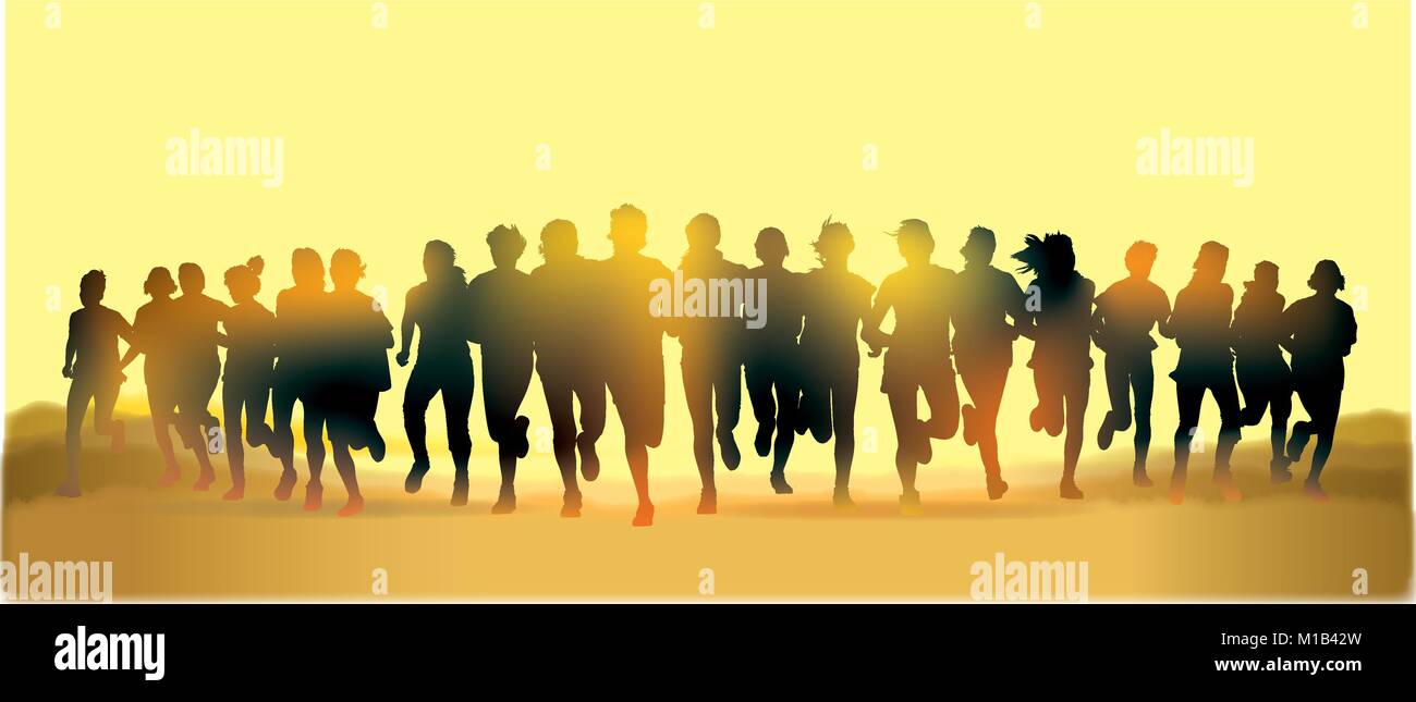 Front view of the crowd of young people running in the marathon Stock ...