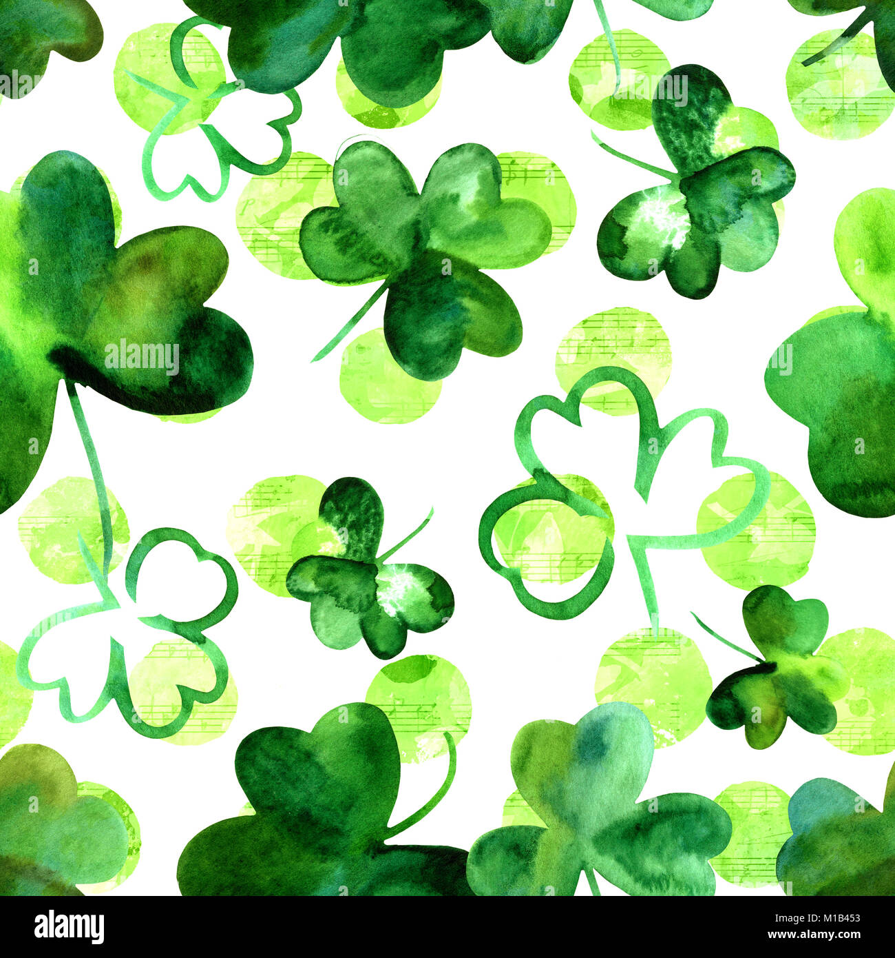 Irish Music seamless pattern, watercolor shamrocks and notes Stock ...
