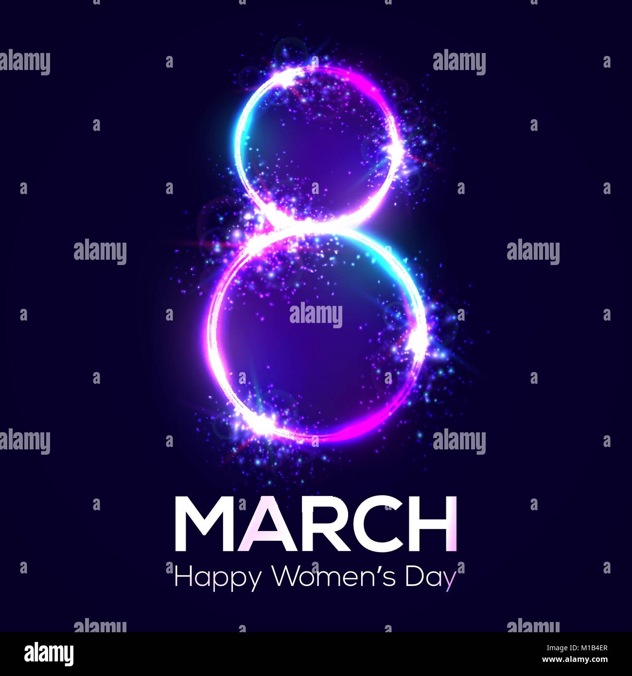 Happy womens day. 8 march. Neon circles with glow and firework ...