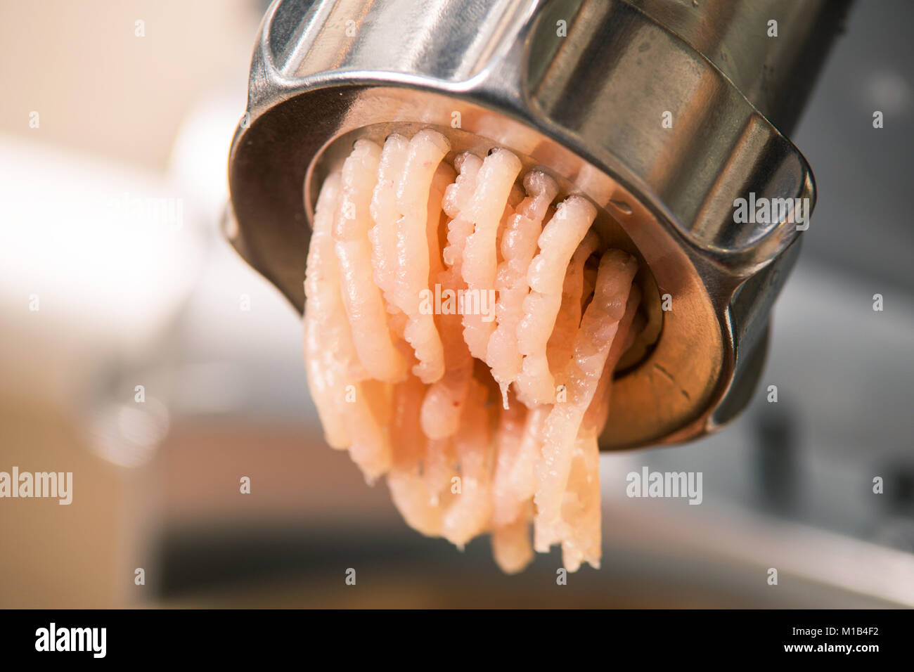Fresh raw chicken forcemeat in meat grinder close-up Stock Photo - Alamy