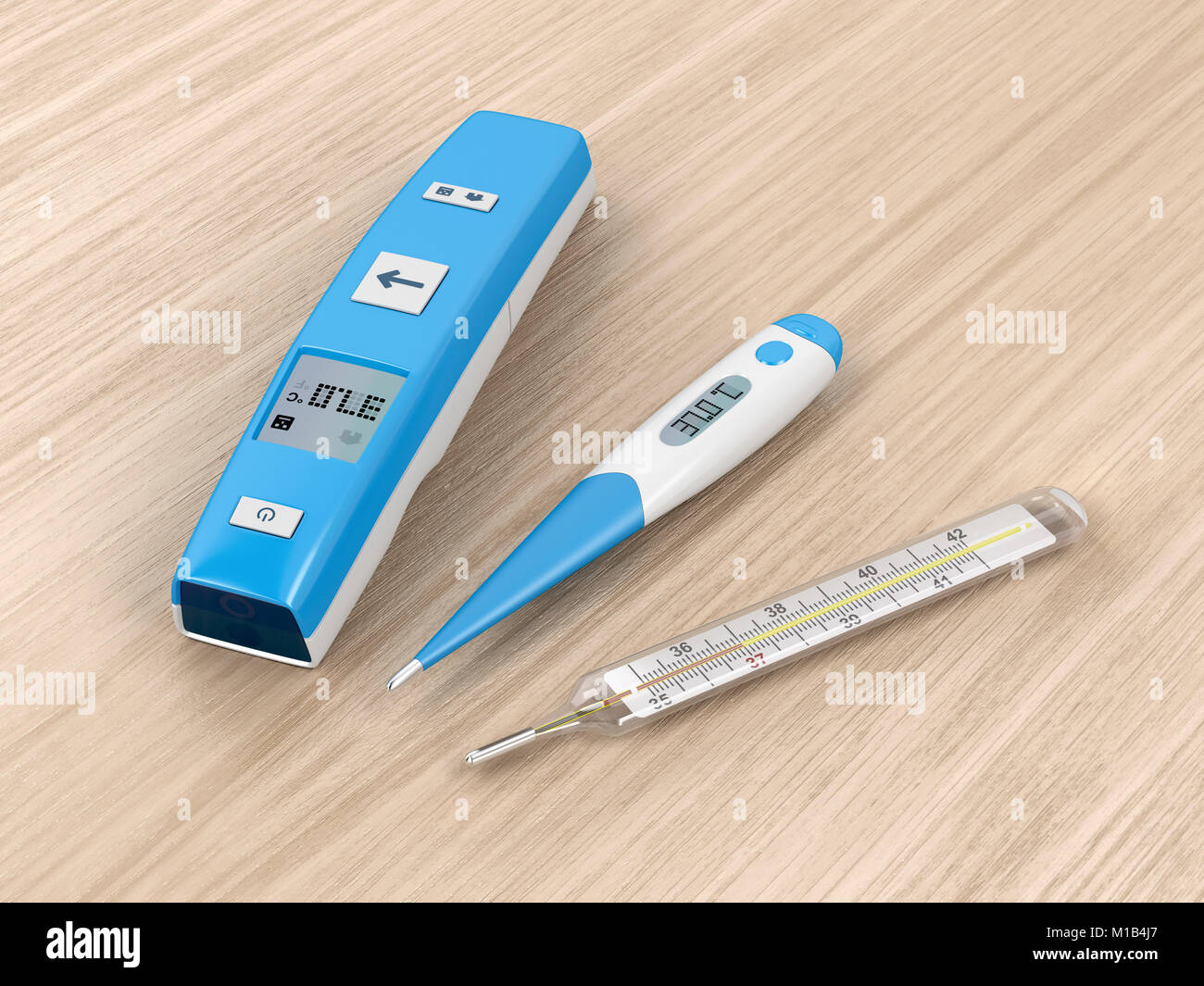 Different types of medical thermometers on wood background Stock Photo ...