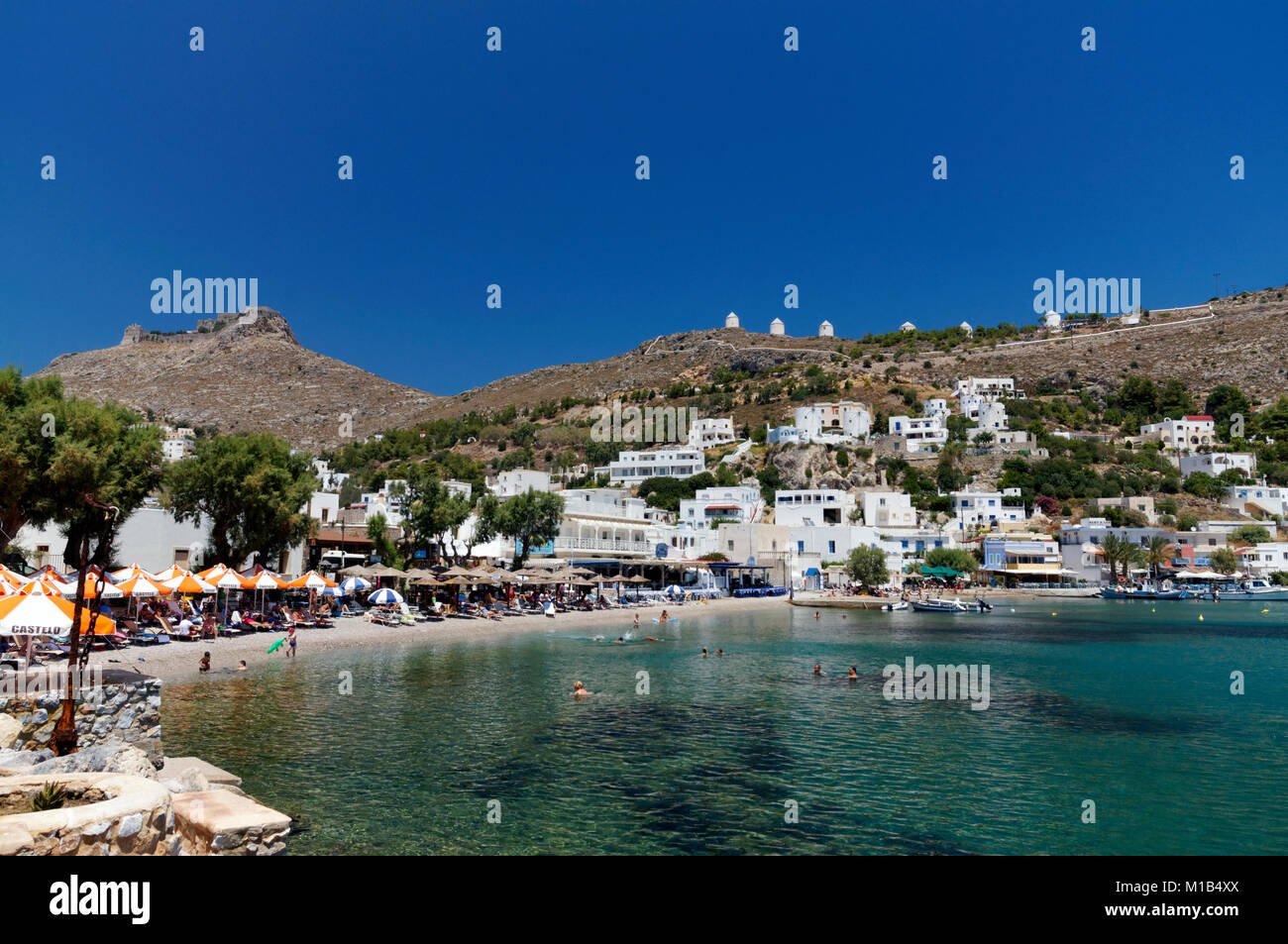 Panteli Beach, castle and windmills, Leros Island, Dodecanese Islands ...