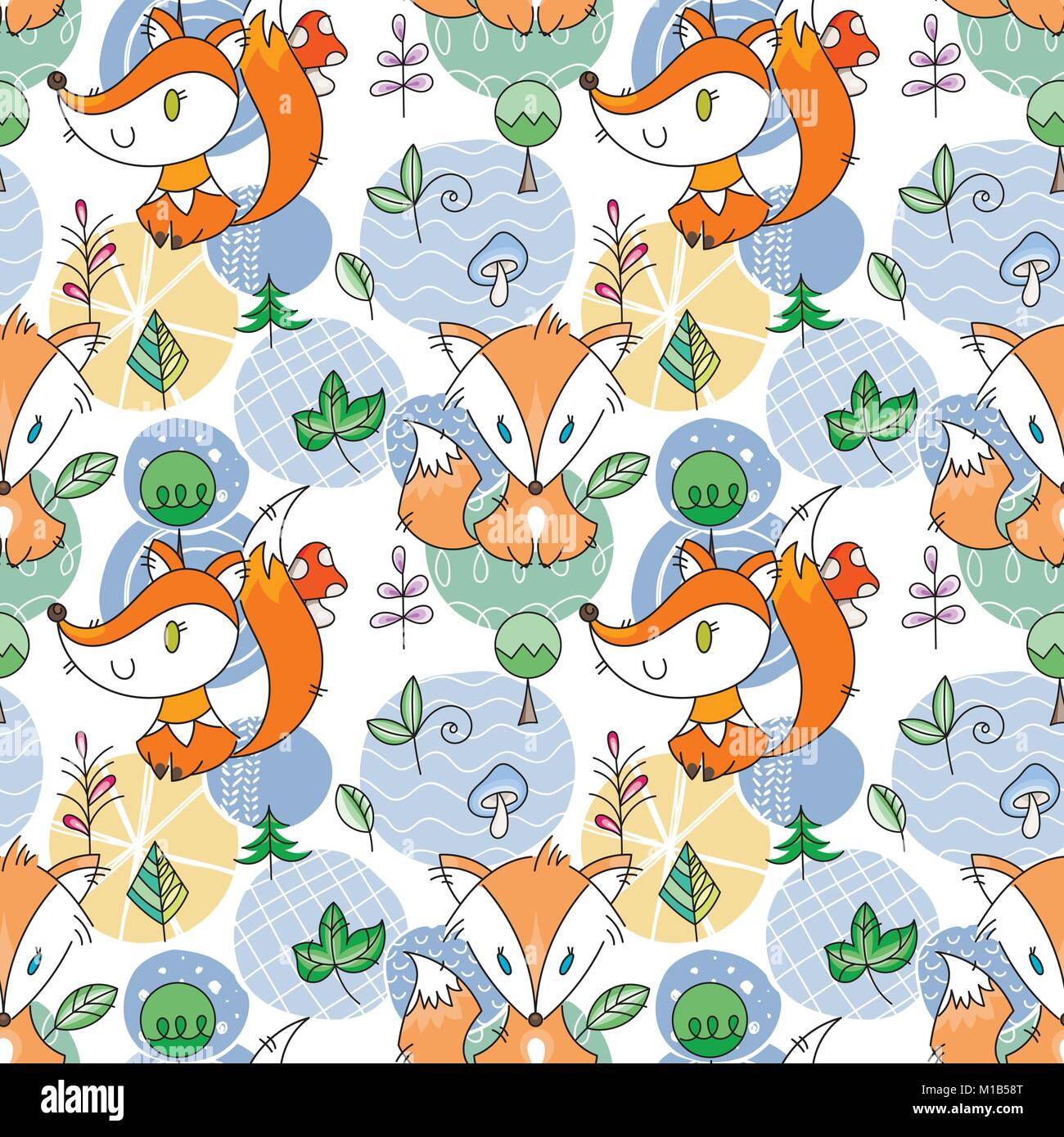 Seamless pattern with doodle foxes and woods. Wild background with cute ...
