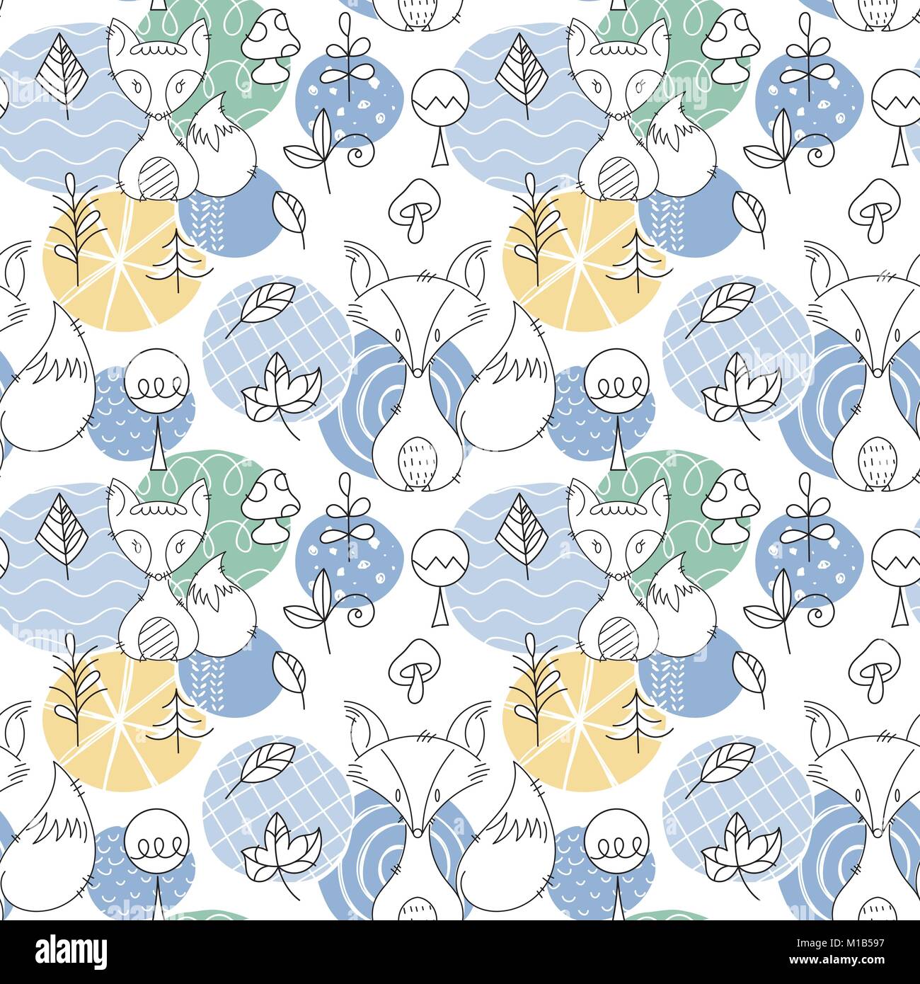 Seamless pattern with doodle foxes and woods. Wild background with cute ...