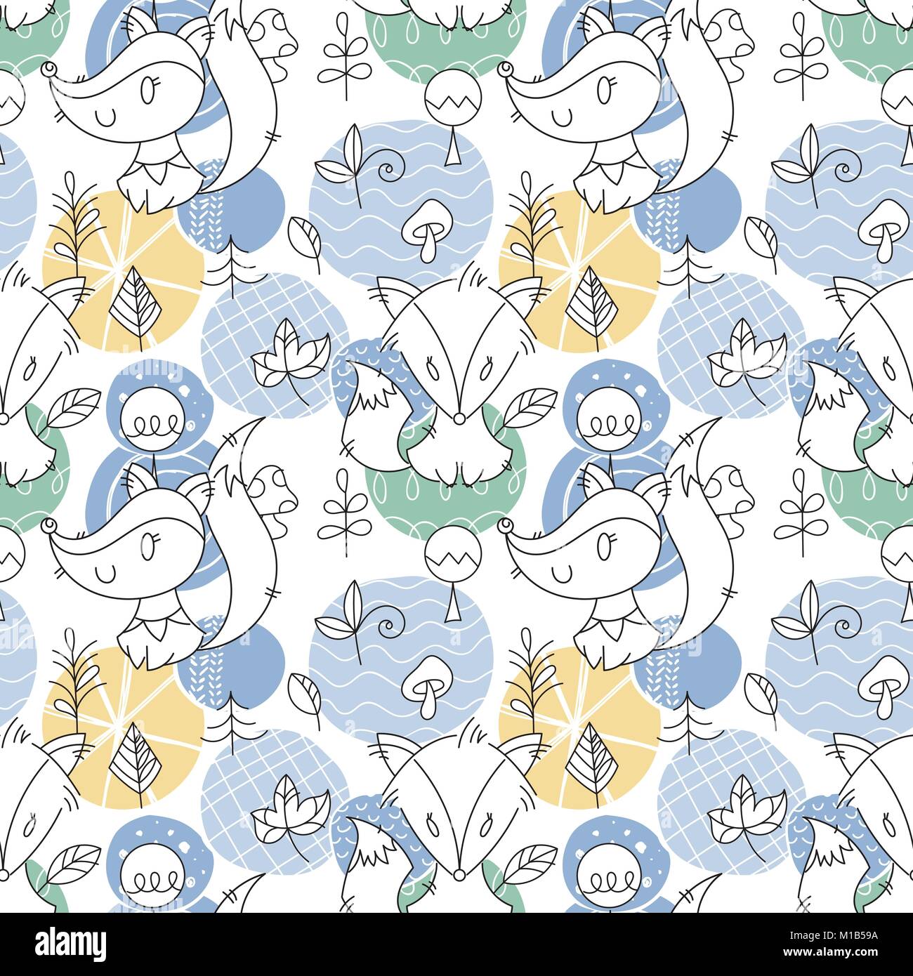 Seamless pattern with doodle foxes and woods. Wild background with cute ...
