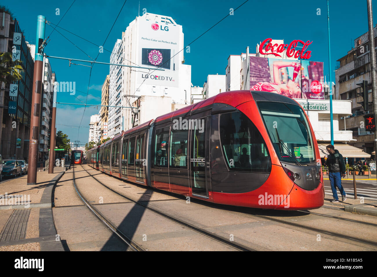 Casablanca, Morocco - 21 January 2018 : view of tram passing on ...