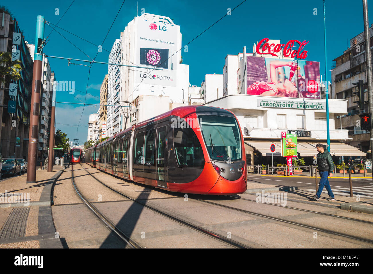 Casablanca, Morocco - 21 January 2018 : view of tram passing on ...