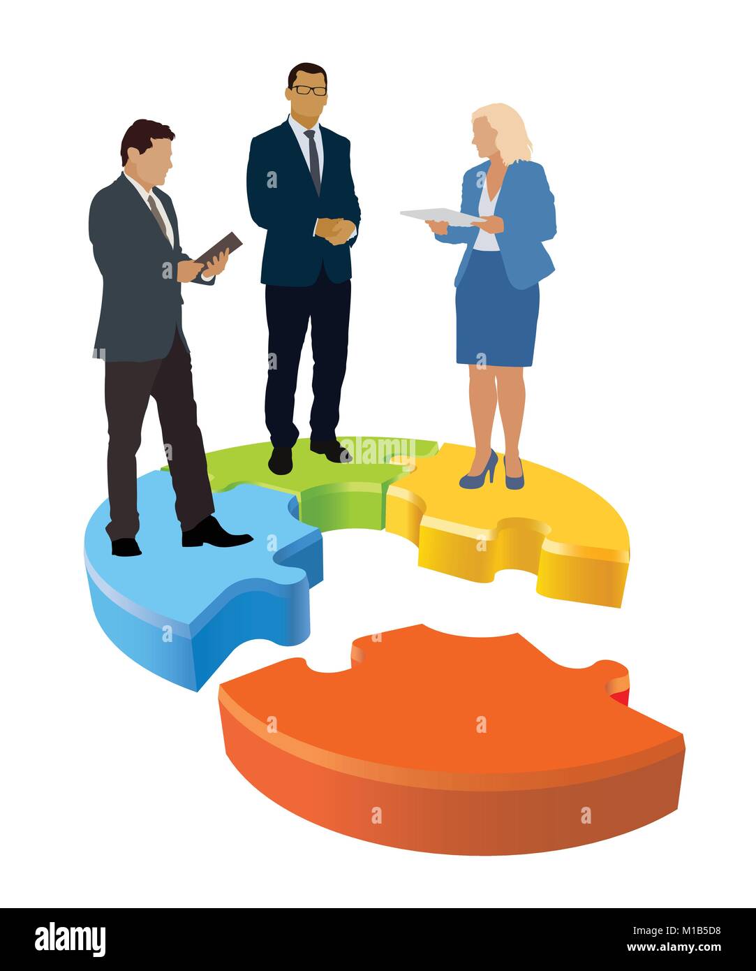 Businesspeople are standing on jigsaw puzzle shown as an organizational ...