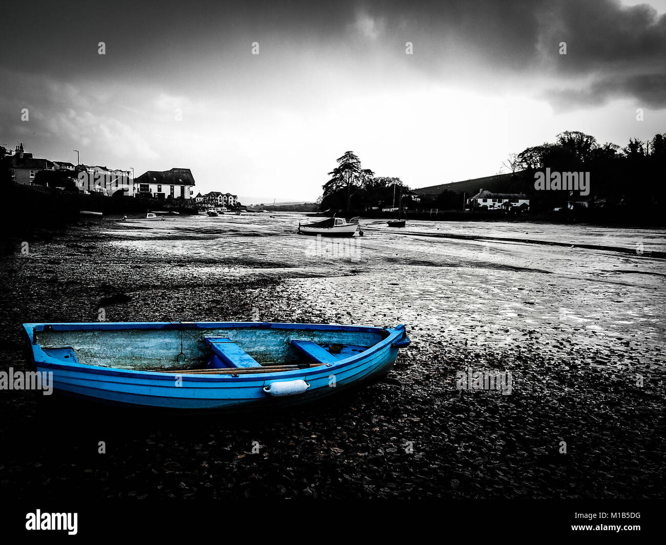 A blue row boat on the banks of the Kingsbirdge Estuary, Devon, United ...