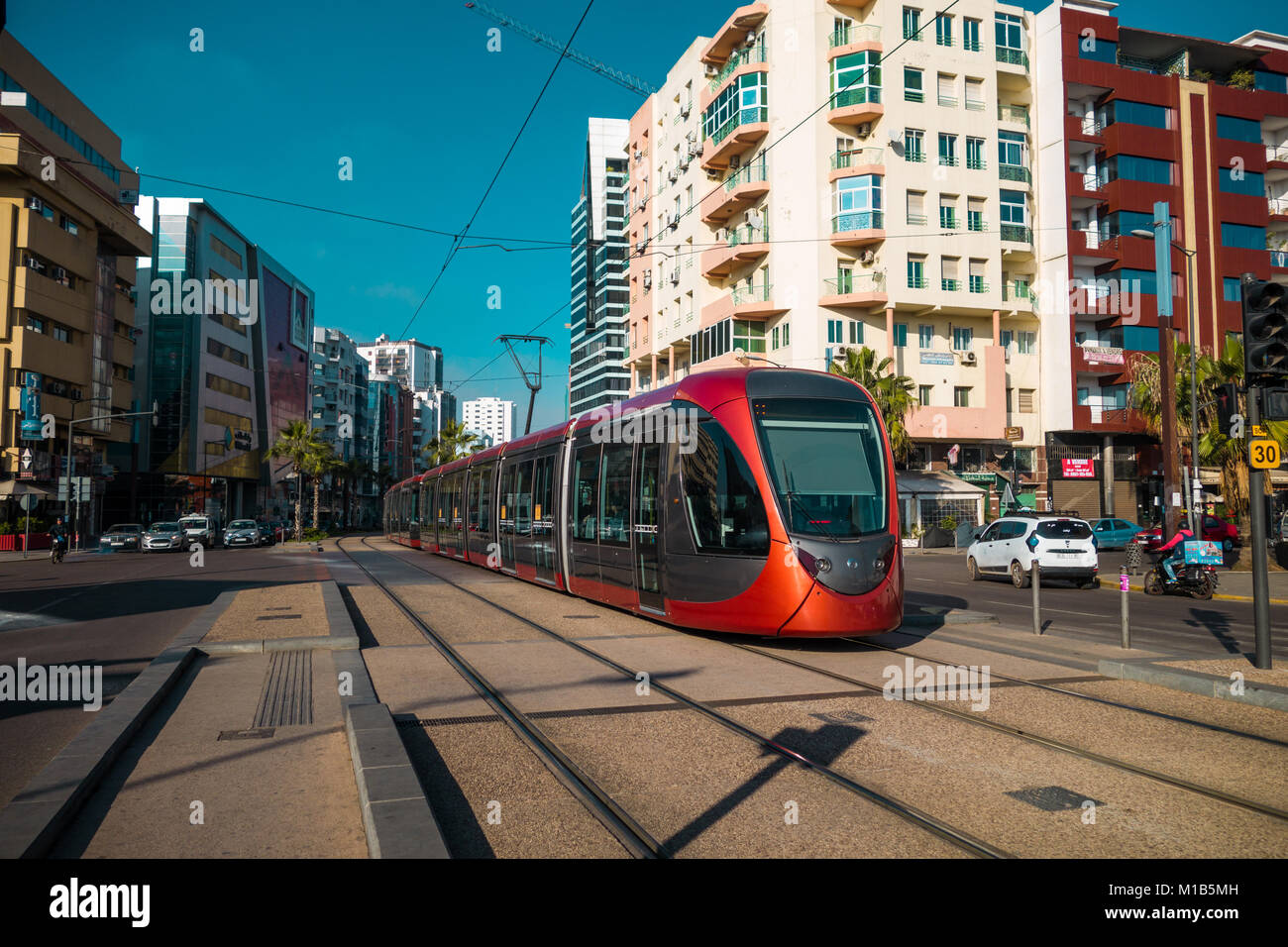 Casablanca, Morocco - 21 January 2018 : view of tram passing on ...