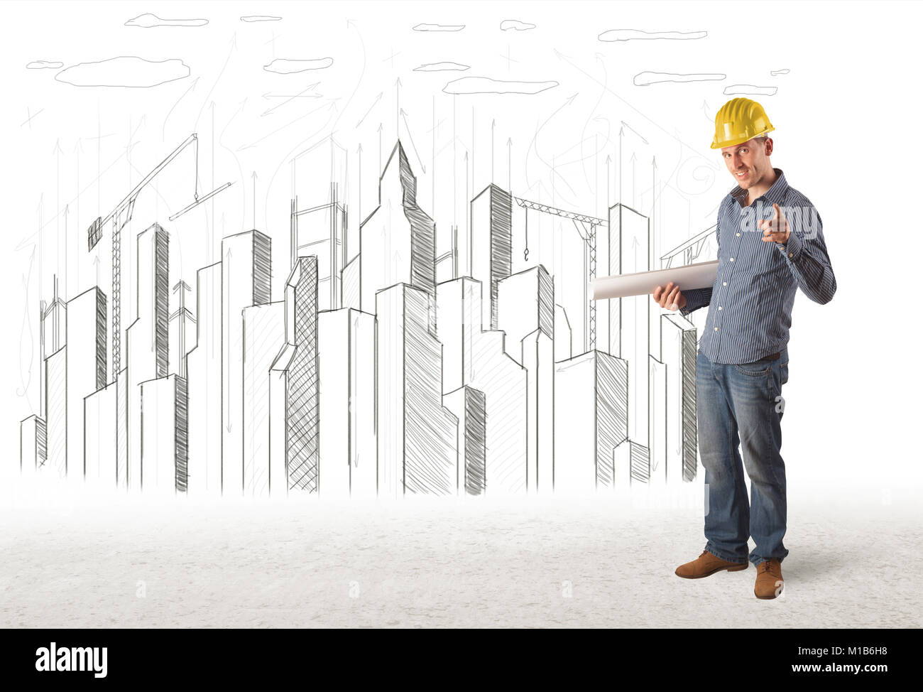 Engineer man with building city drawing in background Stock Photo - Alamy