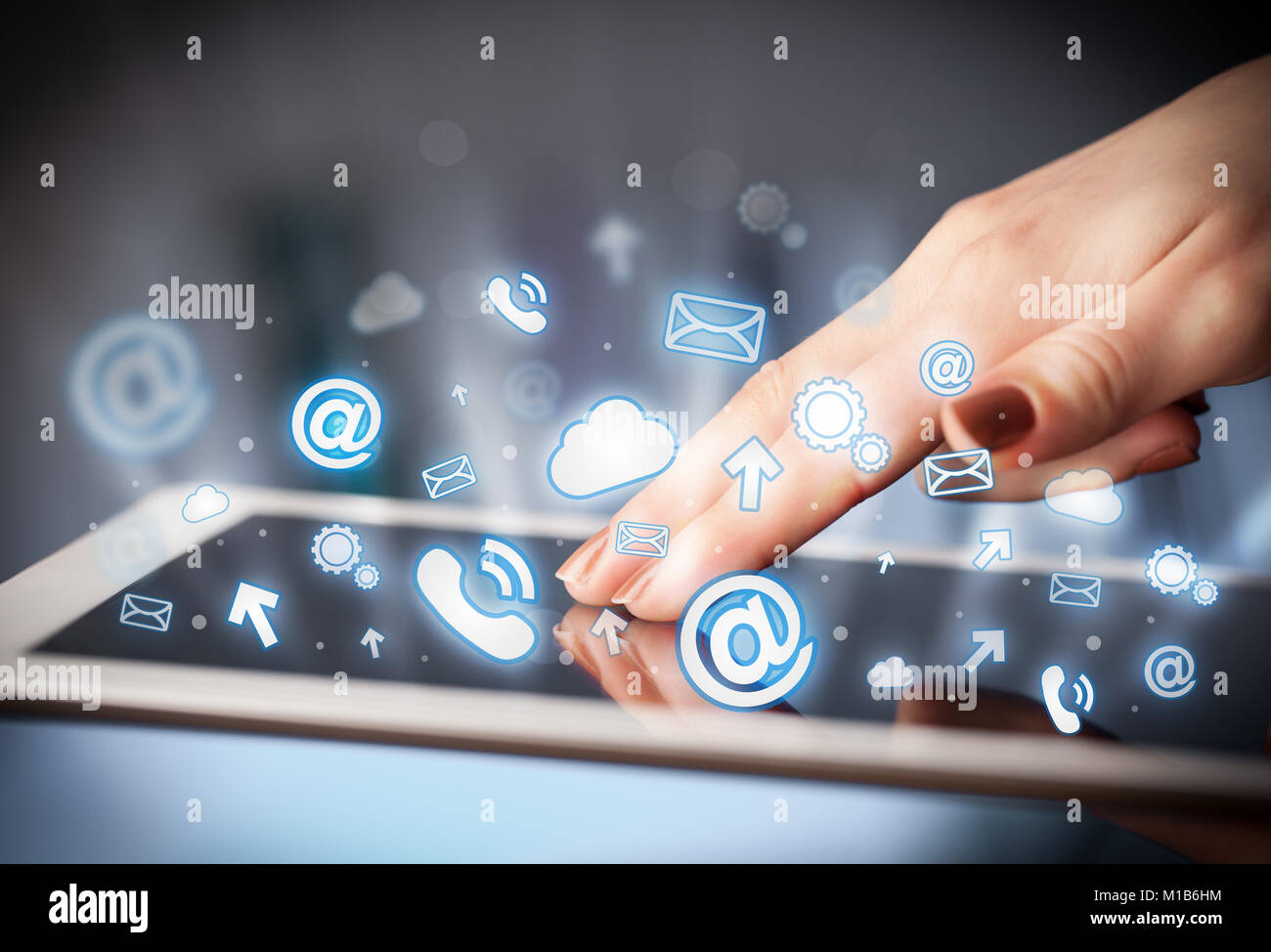 Finger pointing on tablet pc, social media concept Stock Photo - Alamy