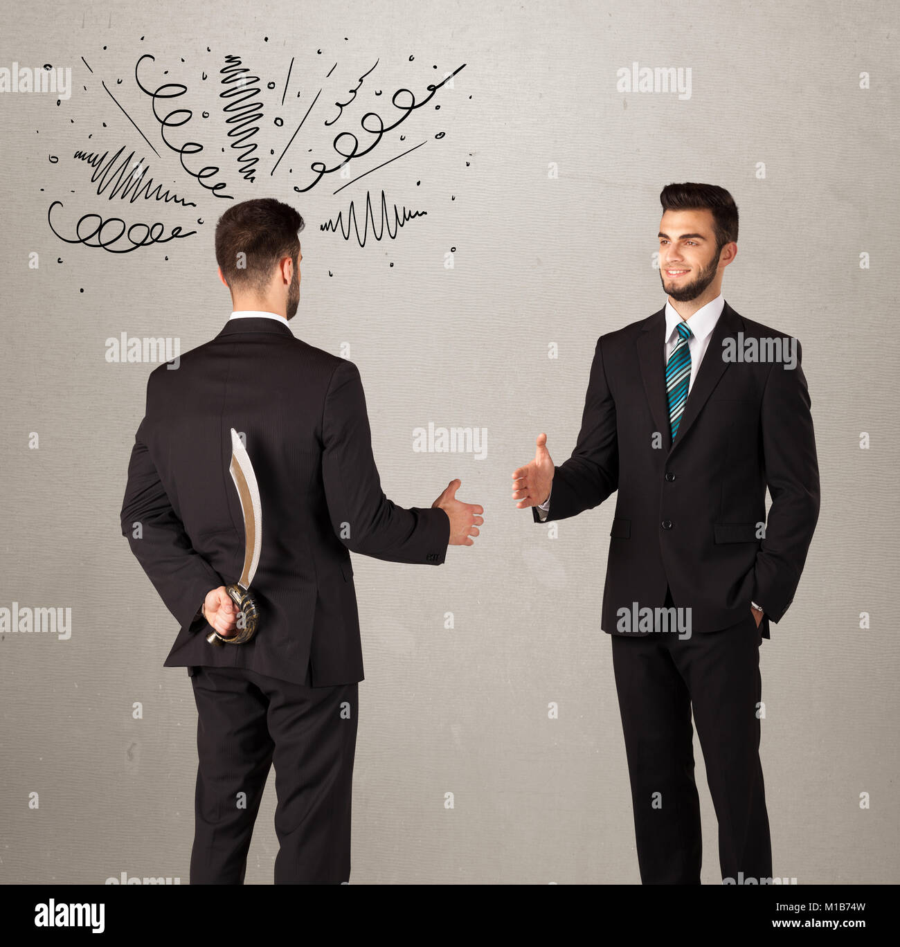 Ruthless businessman handshake with a hiding weapon and drawn curly ...