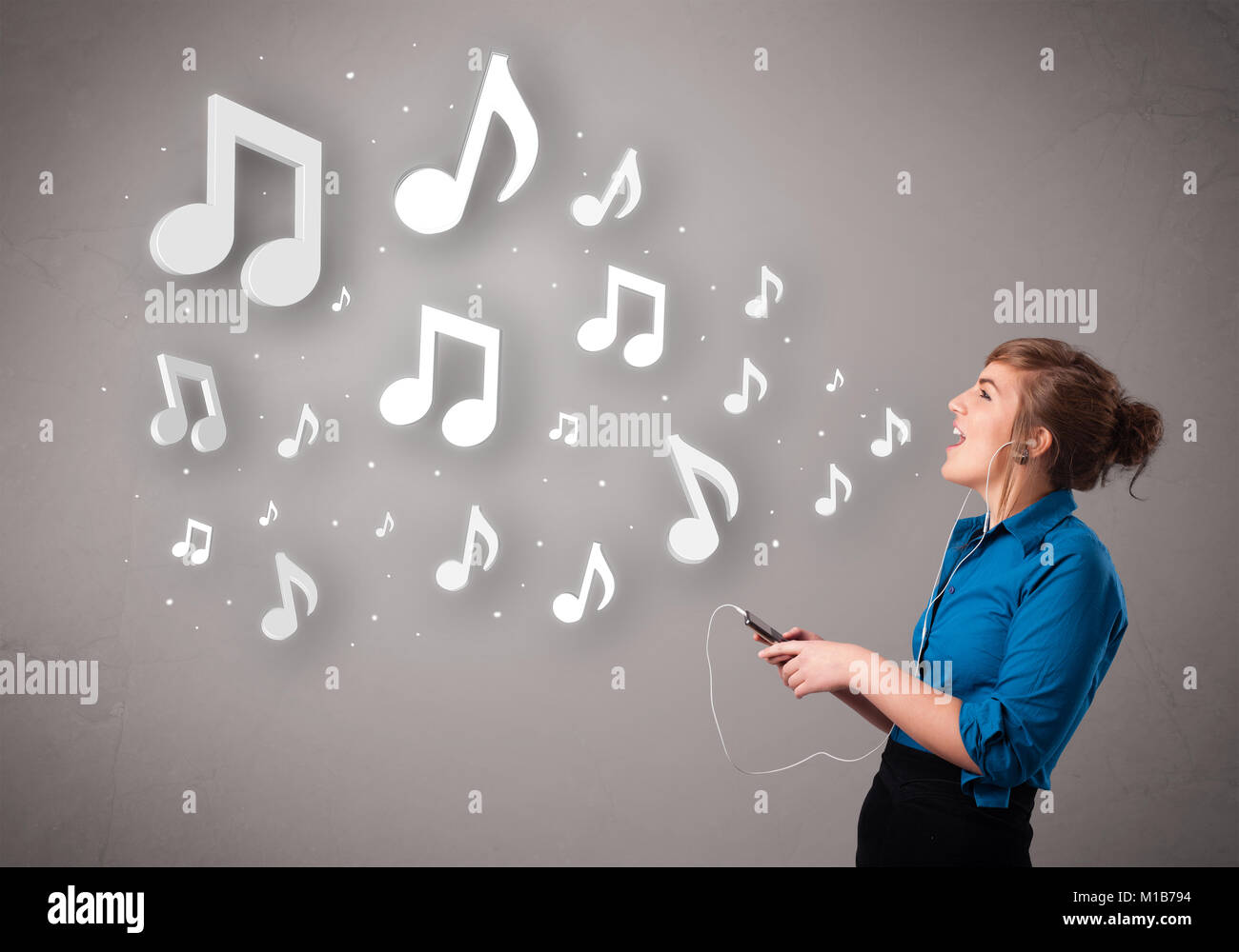 Pretty young woman singing and listening to music with musical notes ...