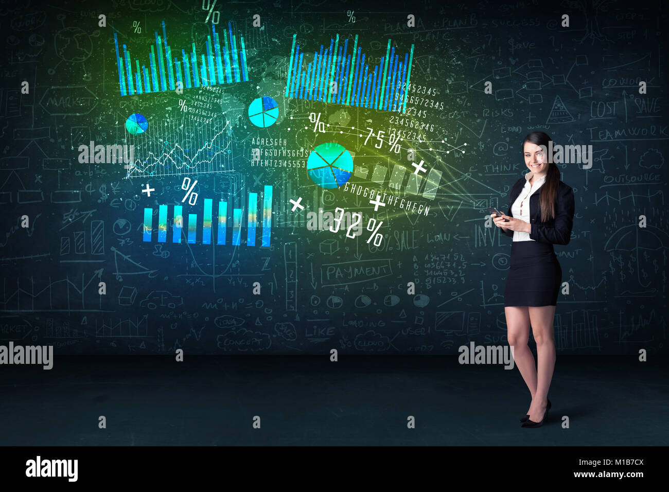 Businesswoman in office with tablet in hand and high tech graph charts ...