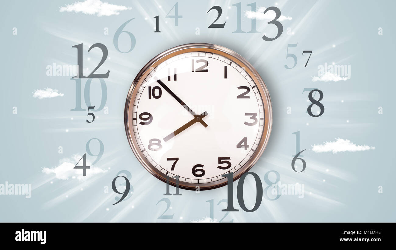Modern clock with numbers on the side and clouds Stock Photo - Alamy