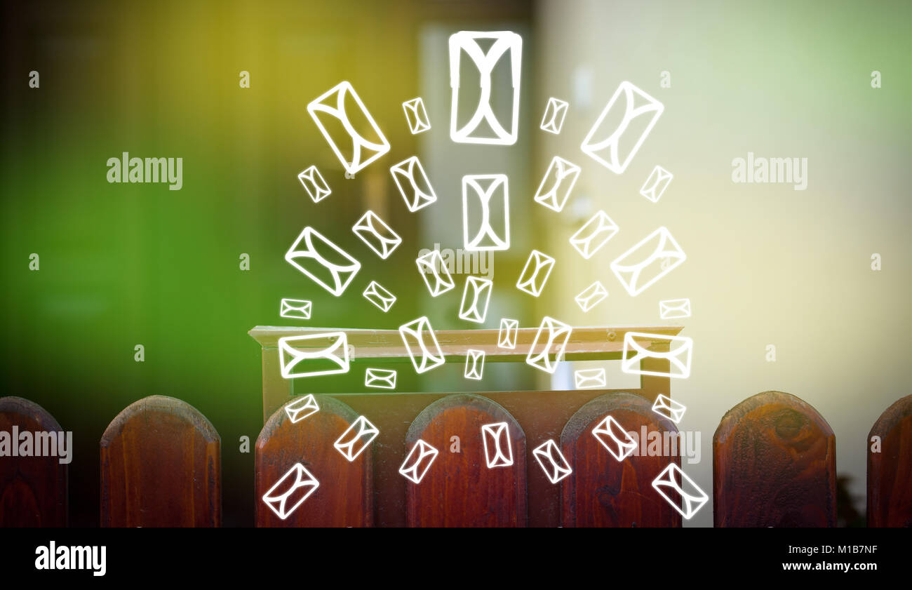 Mailbox with letter icons exploding on glowing green background Stock ...