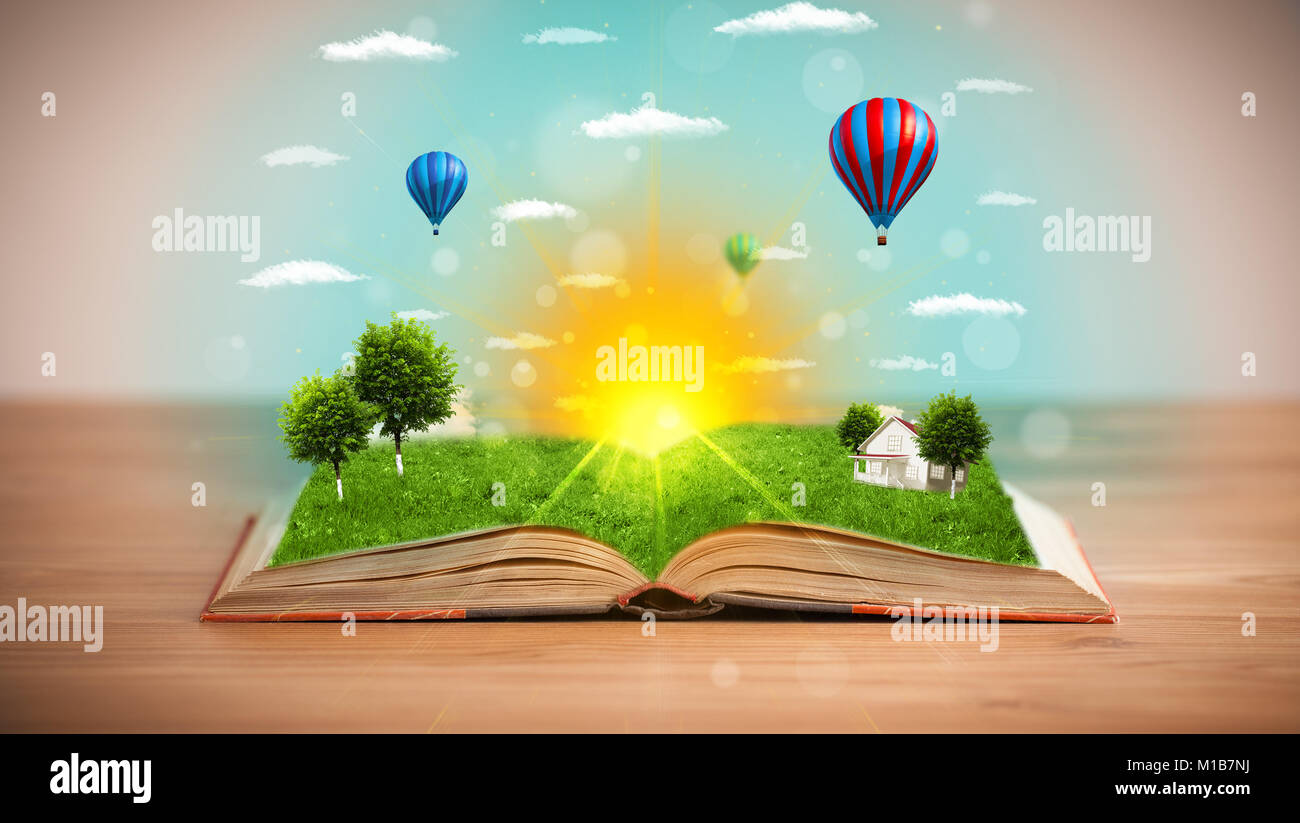 Open book with green nature world coming out of its pages, ecological ...