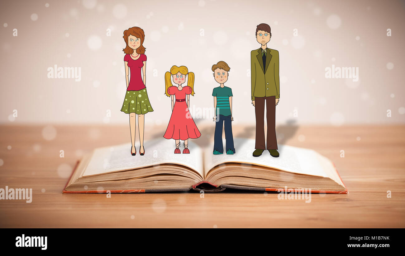 Drawing of a happy family on opened book. The symbol of unity and ...