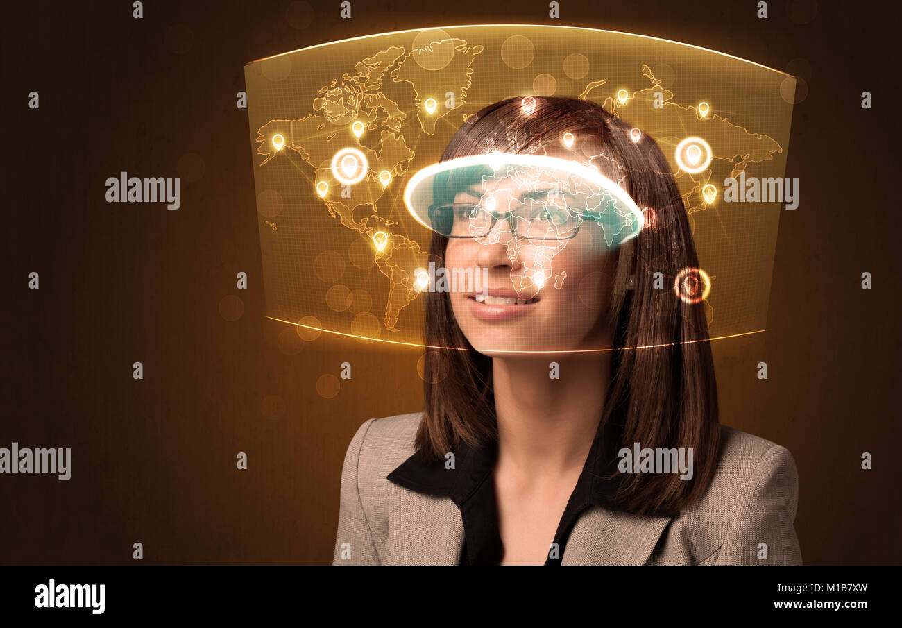 Young woman looking at futuristic social network map concept Stock ...