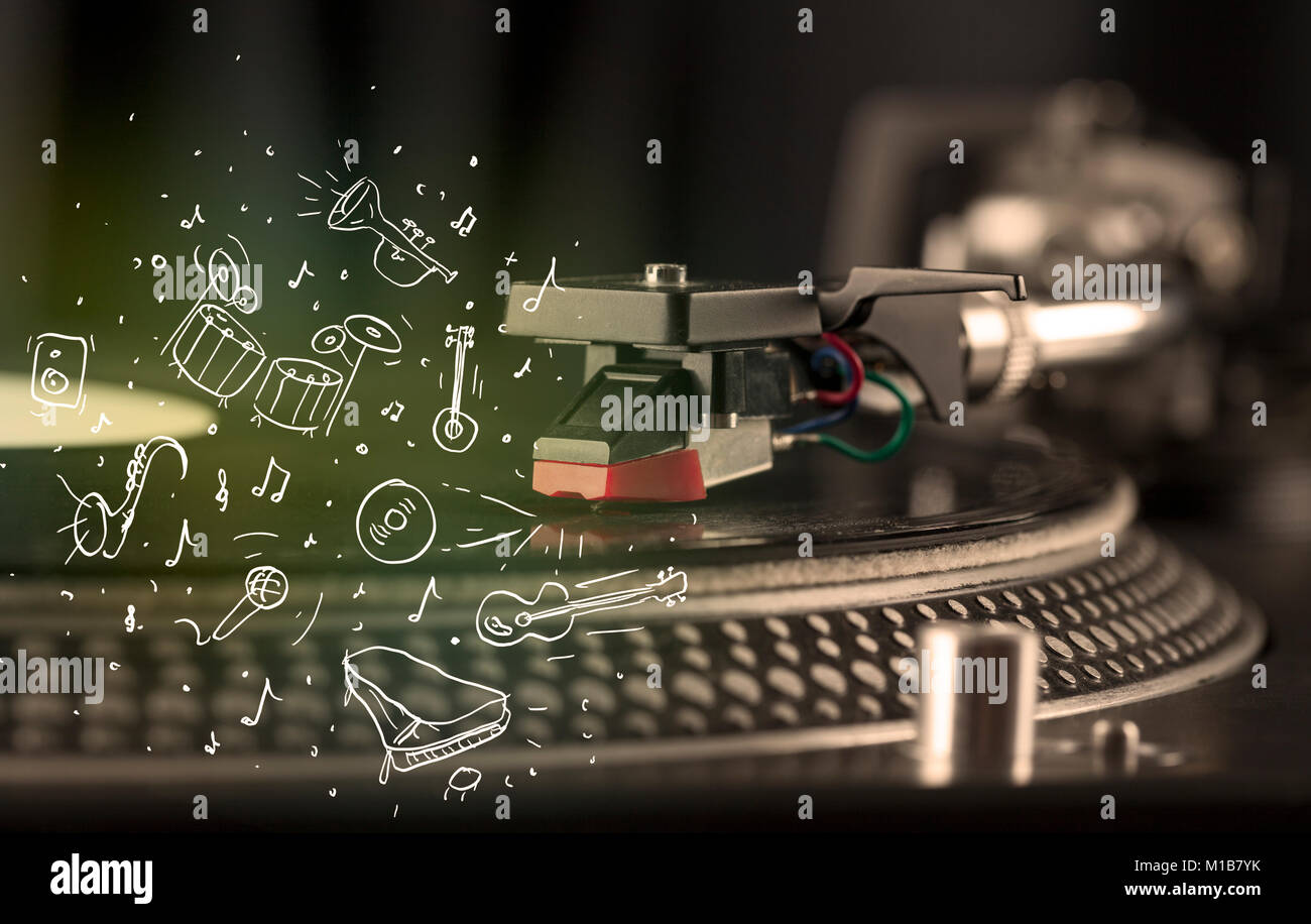Turntable playing classical music with icon drawn instruments concept ...