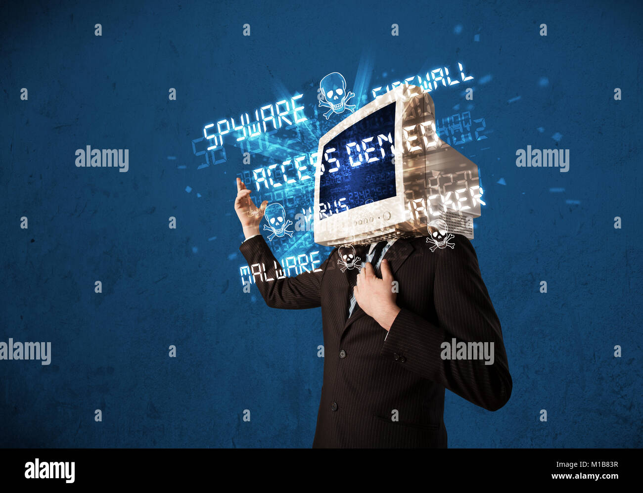 Monitor head person with hacker type of signs on the blue screen Stock ...