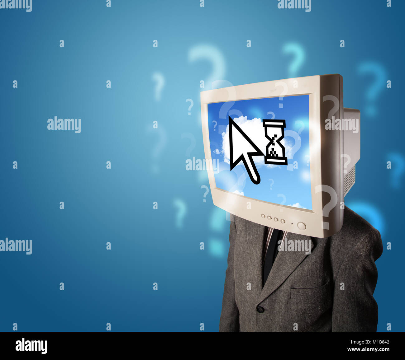 Person with a monitor head and cloud based technology on the screen ...