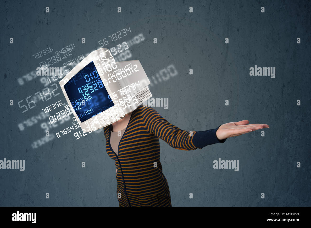 Human monitor pc calculating computer data on a blue screen Stock Photo ...