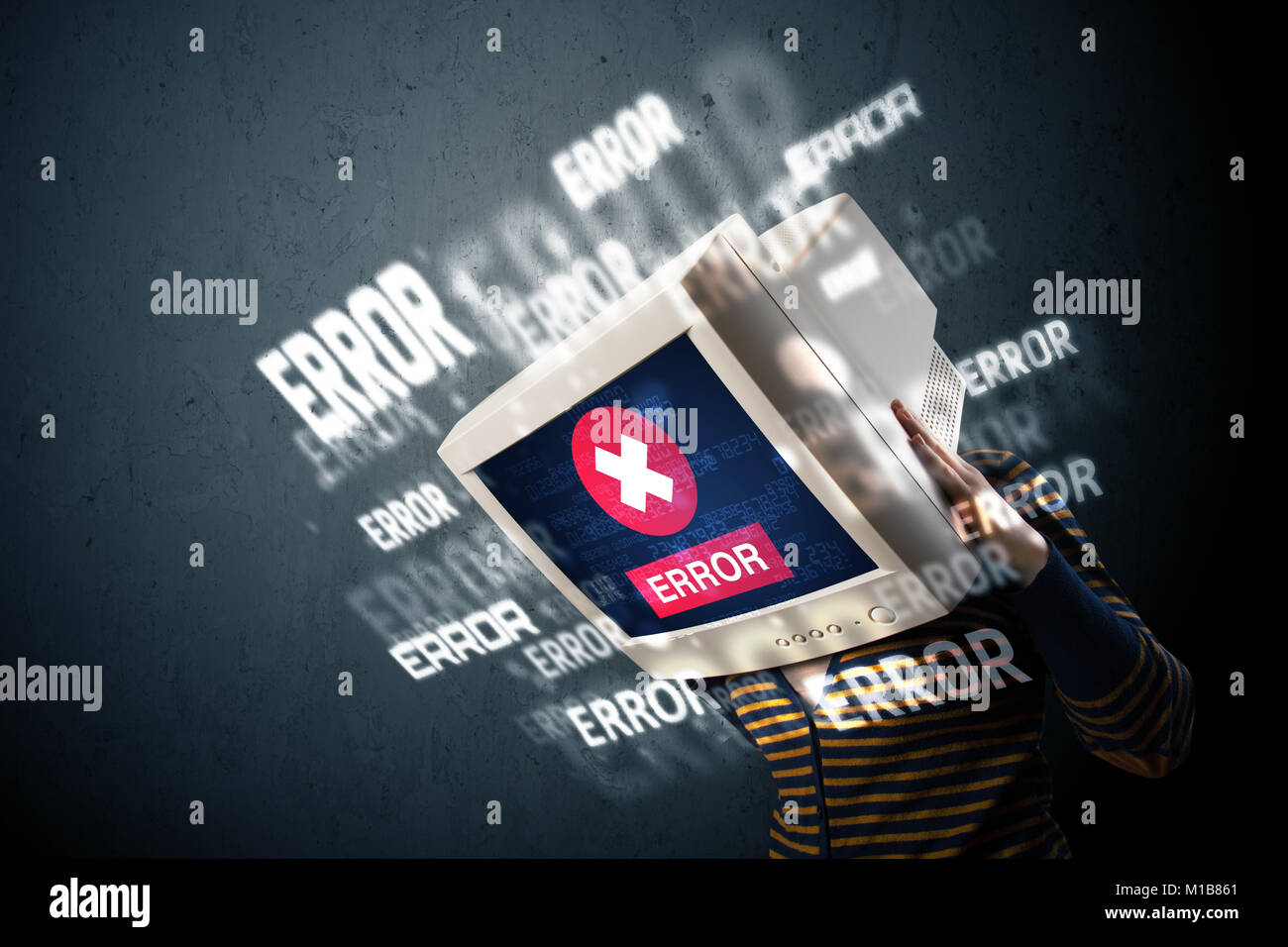 Female monitor head with multiple error signs on the display Stock ...