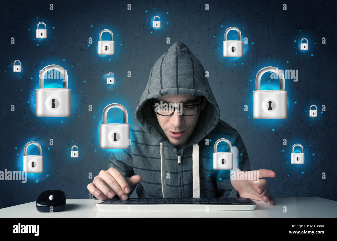 Young hacker with virtual lock symbols and icons on blue background ...