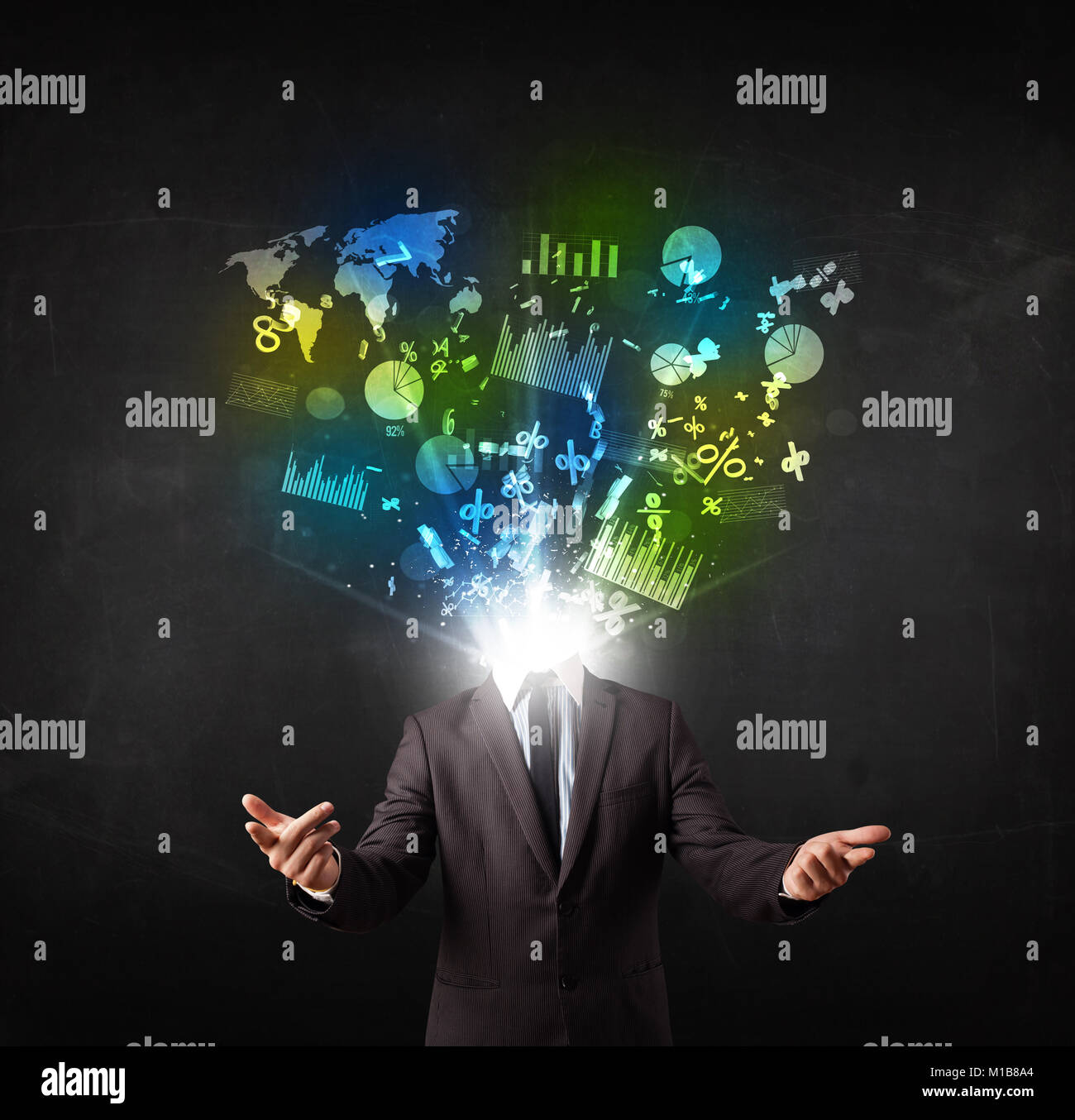 Business man in suit with graph and charts exploding from his body ...