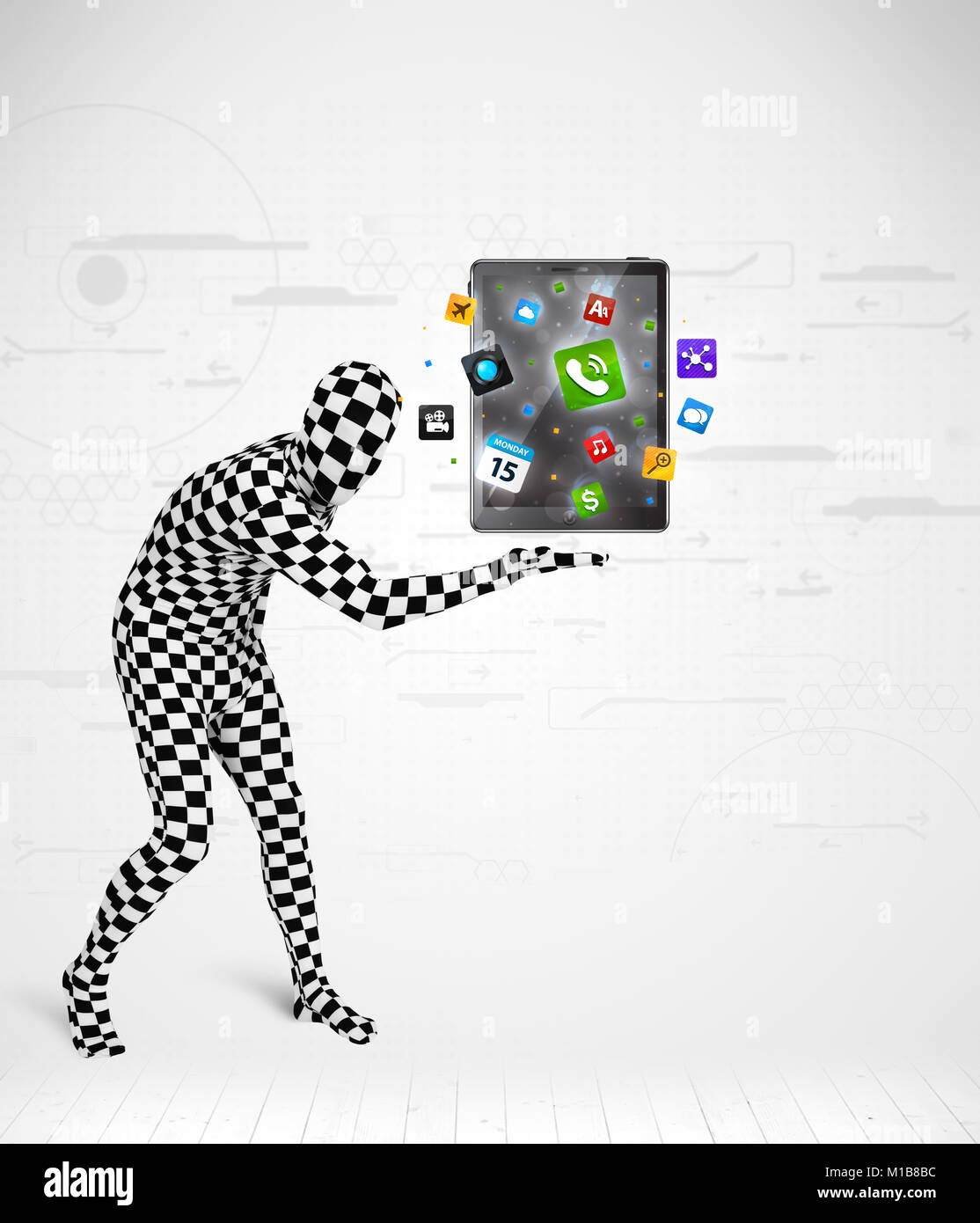 Funny man in full body suit holdig tablet pc, new technology concept ...
