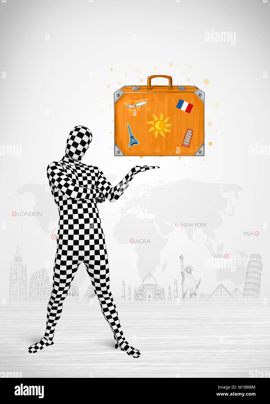 Funny man in full body suit presenting vacation suitcase, tourist ...