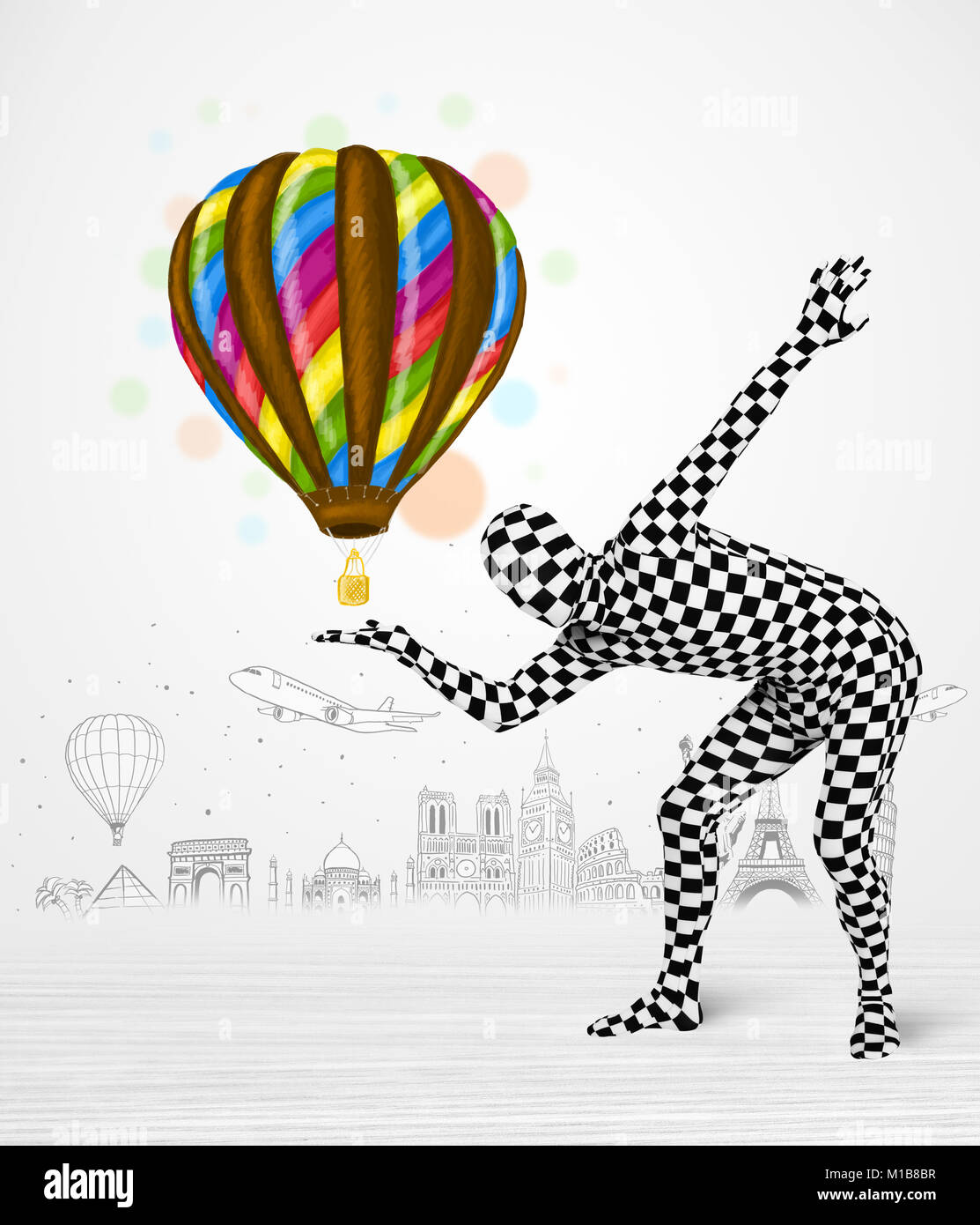 Funny man in full body suit holding colorful balloon, tourist ...
