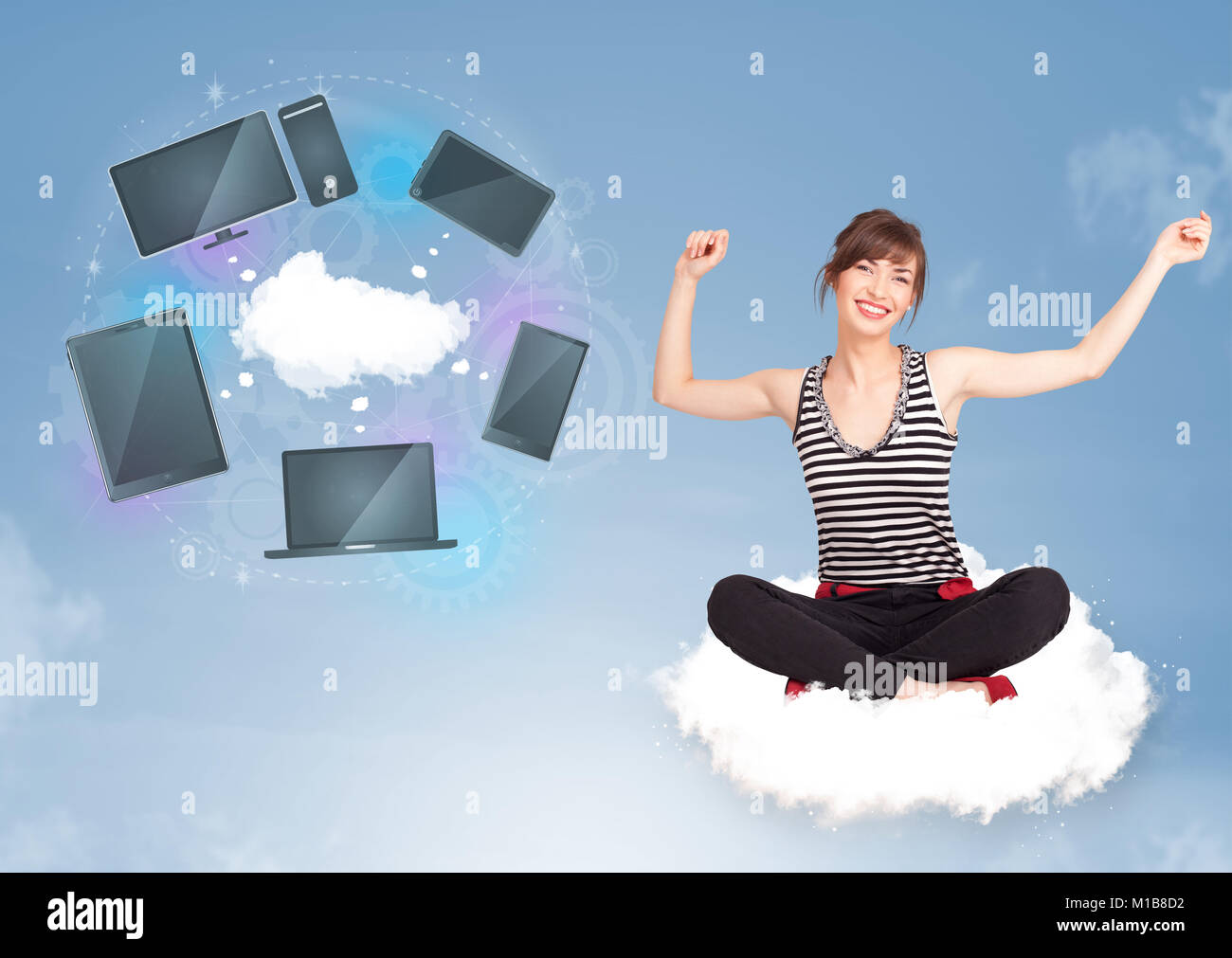 Pretty young girl sitting on cloud enjoying cloud network service Stock ...